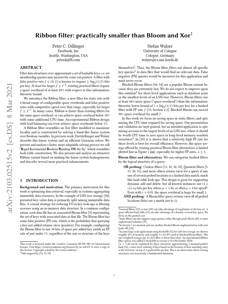 Ribbon Filter: Practically Smaller Than Bloom and Xor: Peter C. Dillinger Stefan Walzer | PDF ...
