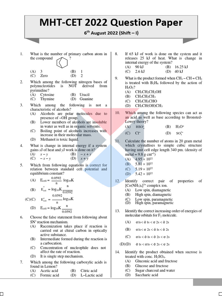 MHT-CET 2022 Question Paper: 6 August 2022 (Shift - I) | PDF | Acid ...