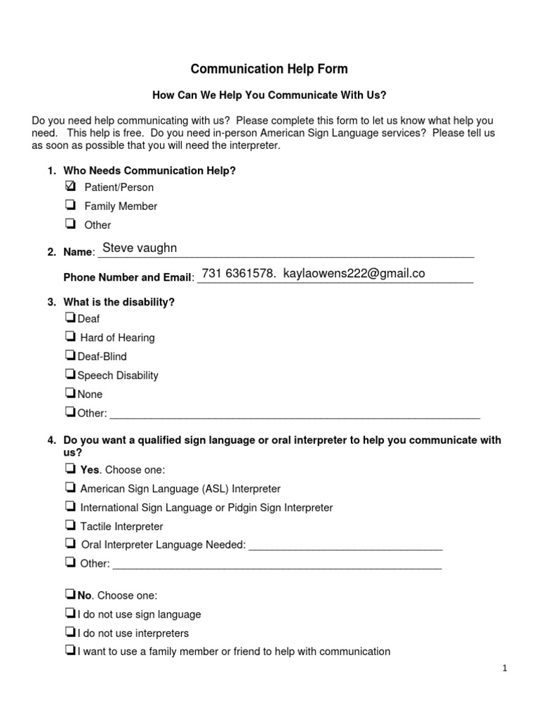 Communication Help Form: Steve Vaughn | PDF | Language Interpretation ...