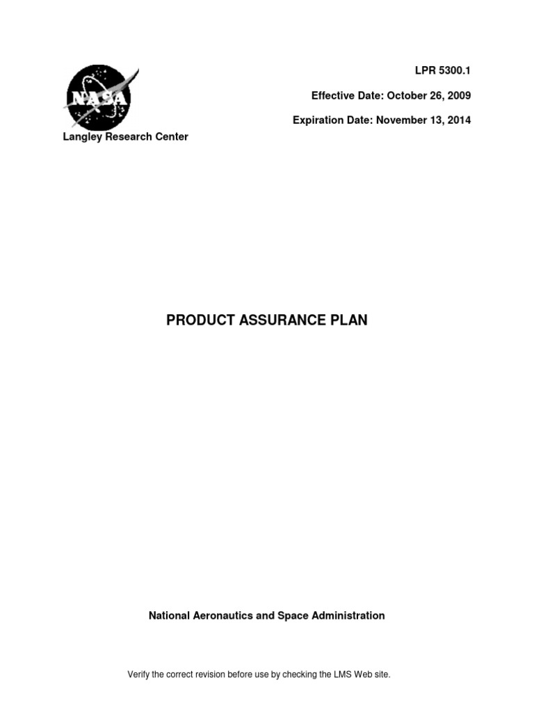 Product Assurance Plan | PDF | Quality Assurance | Langley Research Center