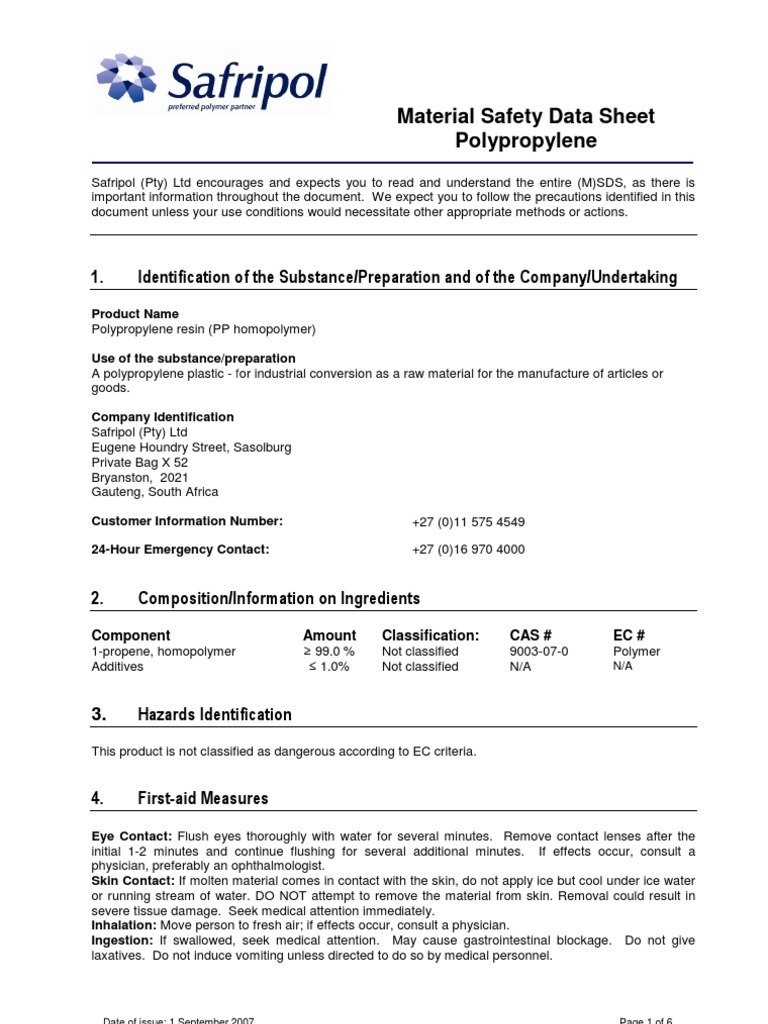 Polypropylene MSDS Overview | PDF | Firefighting | Occupational Hygiene