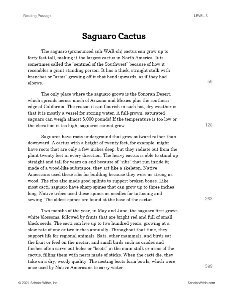 Reading-Fluency-Passage-Grade-Level-8-Saguaro-Cactus-Instructor-1 | PDF ...