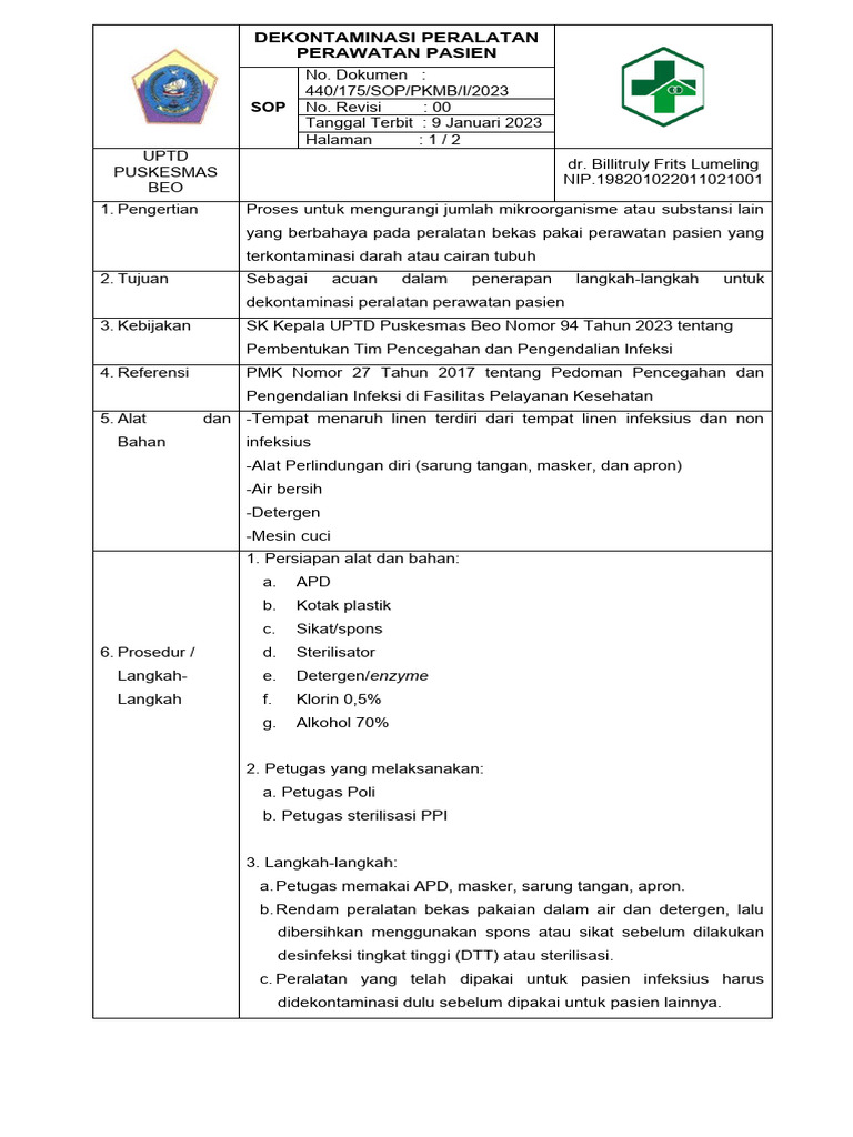 Sop Dekontaminasi Peralatan Perawatan Pasien | PDF | Teknologi & Rekayasa