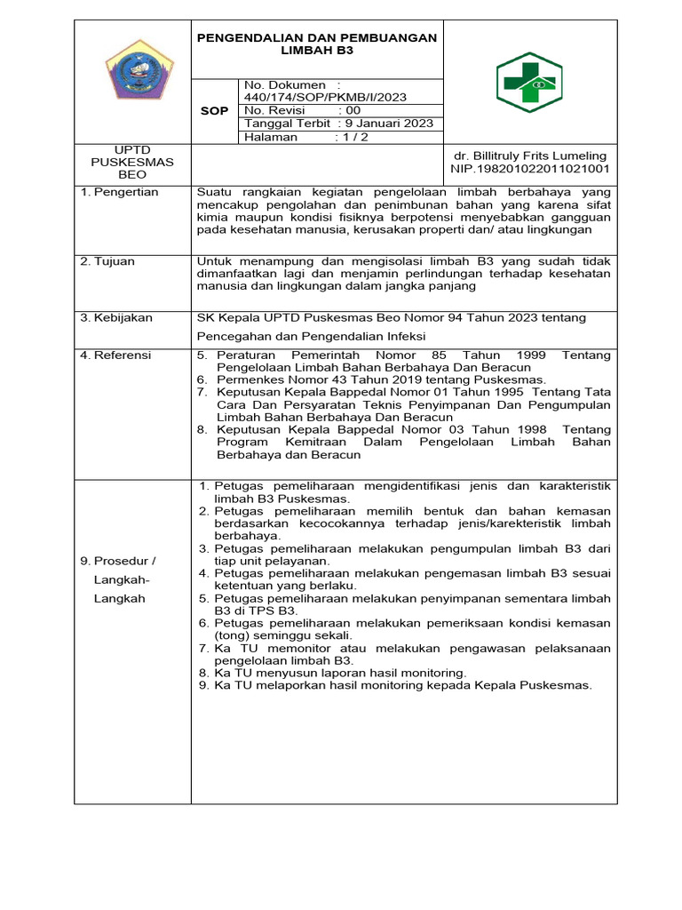 Sop Pengendalian - Pembuangan B3 Edit | PDF
