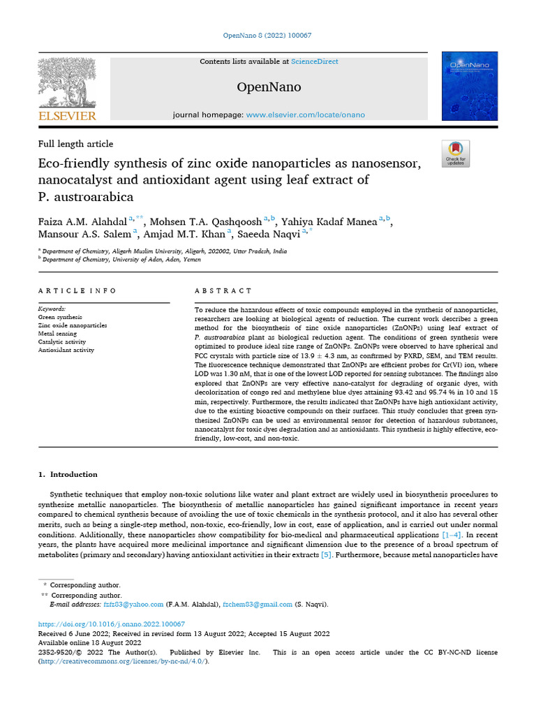 Eco-Friendly Synthesis of Zinc Oxide Nanoparticles As Nanosensor | PDF | Chromium | Hydrogen ...
