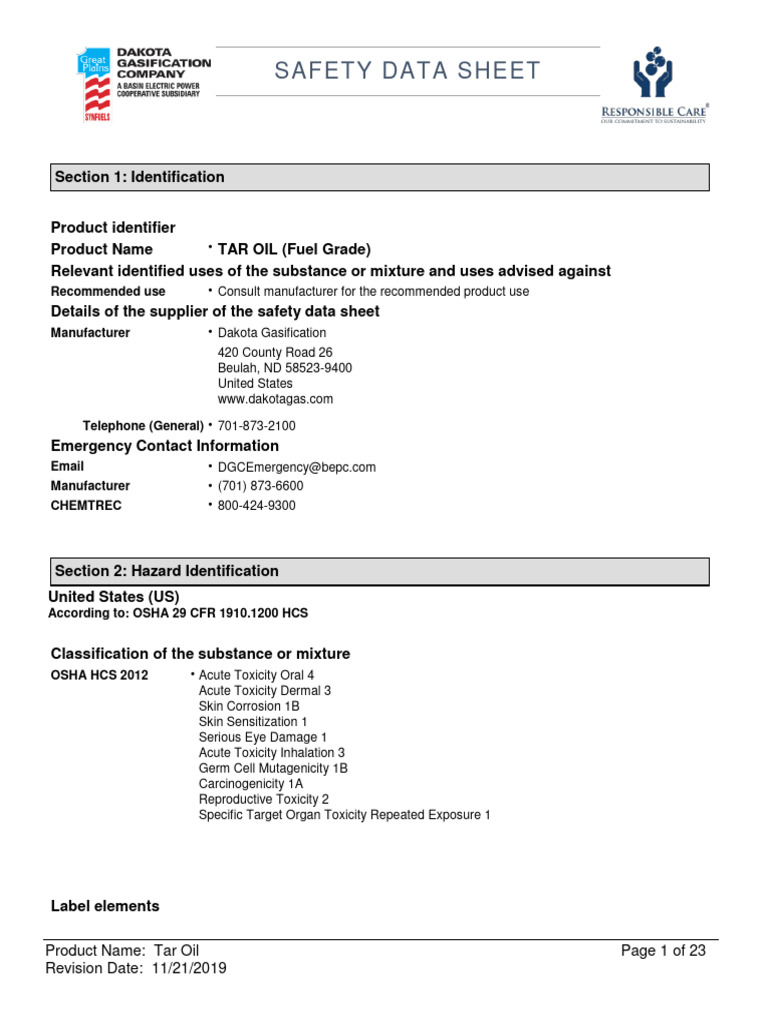 Tar Oil Safety Data Sheet Overview | PDF | Firefighting | Toxicity