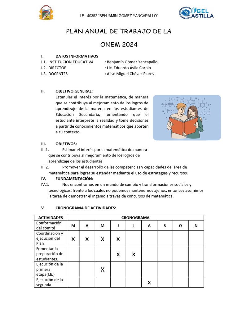 Plan Anual de Trabajo de La Onem 2024 | Descargar gratis PDF | Aprendizaje | Evaluación
