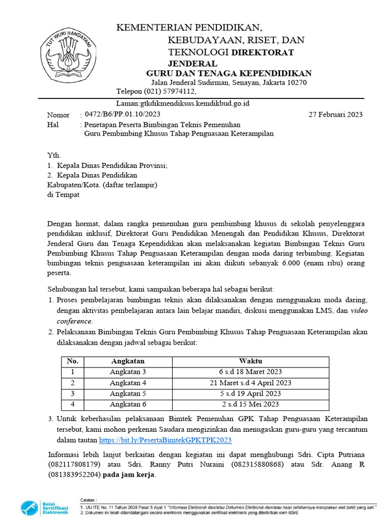 0472 - Surat Penetapan Peserta Bimtek GPK Penguasaan Keterampilan Tahun ...
