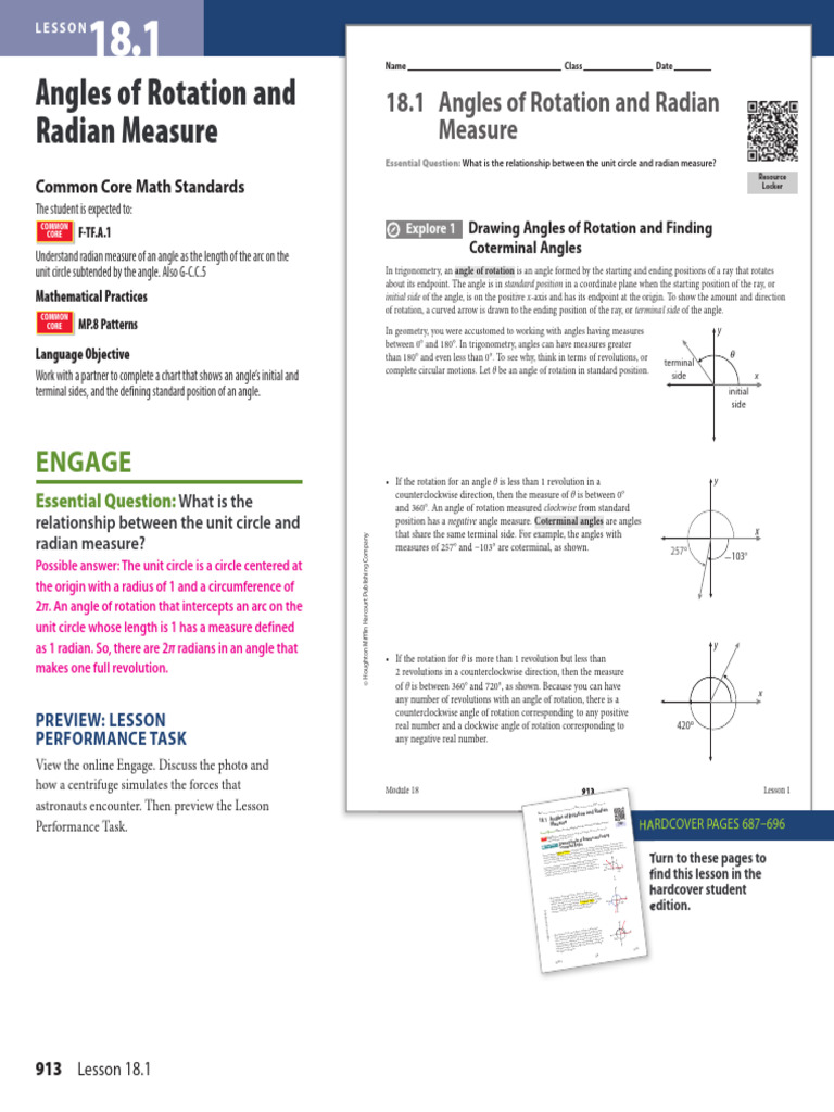 Lesson 18.1 Angles of Rotation and Radian Measure | PDF | Angle ...