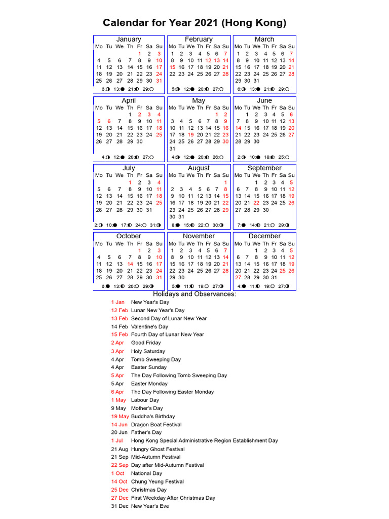 Year 2021 Calendar - Hong Kong | PDF | Easter | Observances