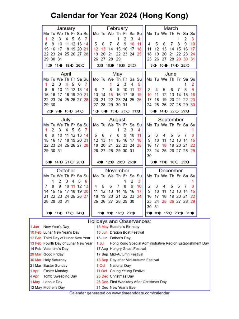 Year 2024 Calendar - Hong Kong | PDF | Traditions | Observances