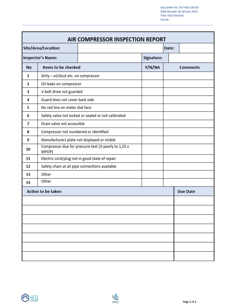 Air Compressor HSE Inspection Checklist | PDF