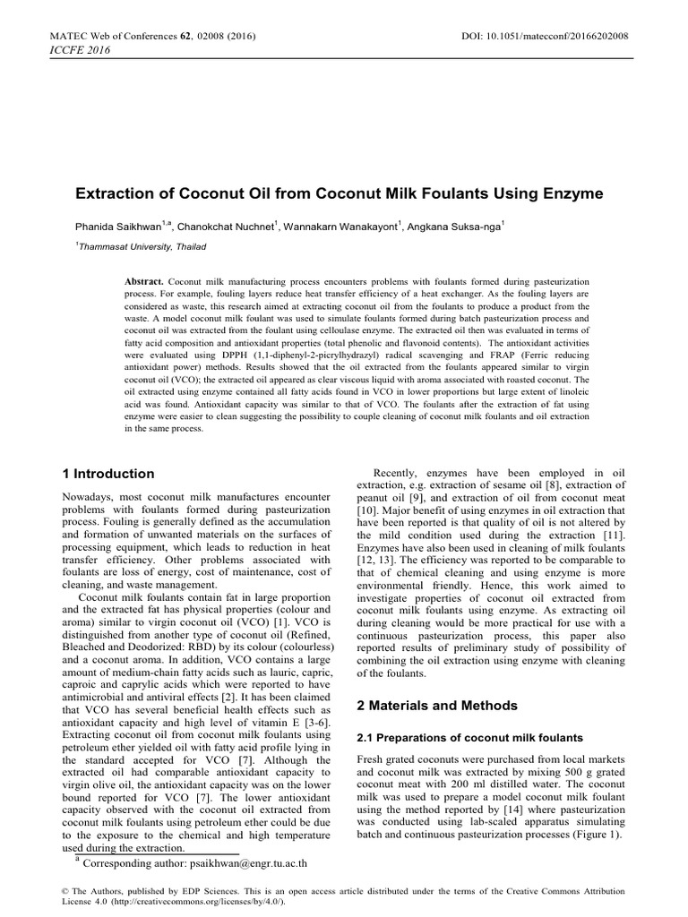 Extraction of Coconut Oil From Coconut Milk Foulan | PDF | Coconut Oil ...