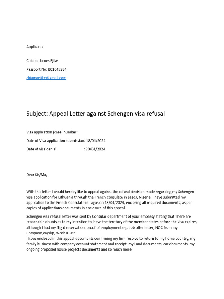 Appeal for Schengen Visa Refusal | PDF | Travel Visa | Consul ...