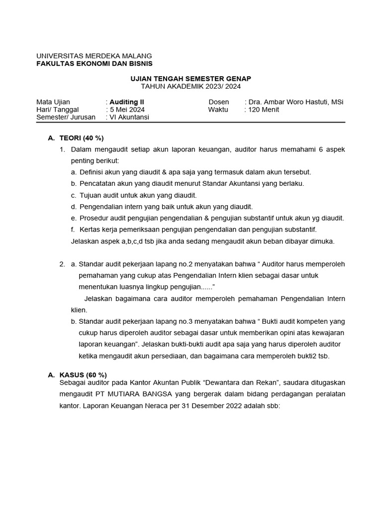 Soal UTS Auditing II Genap 2023-2024 | PDF