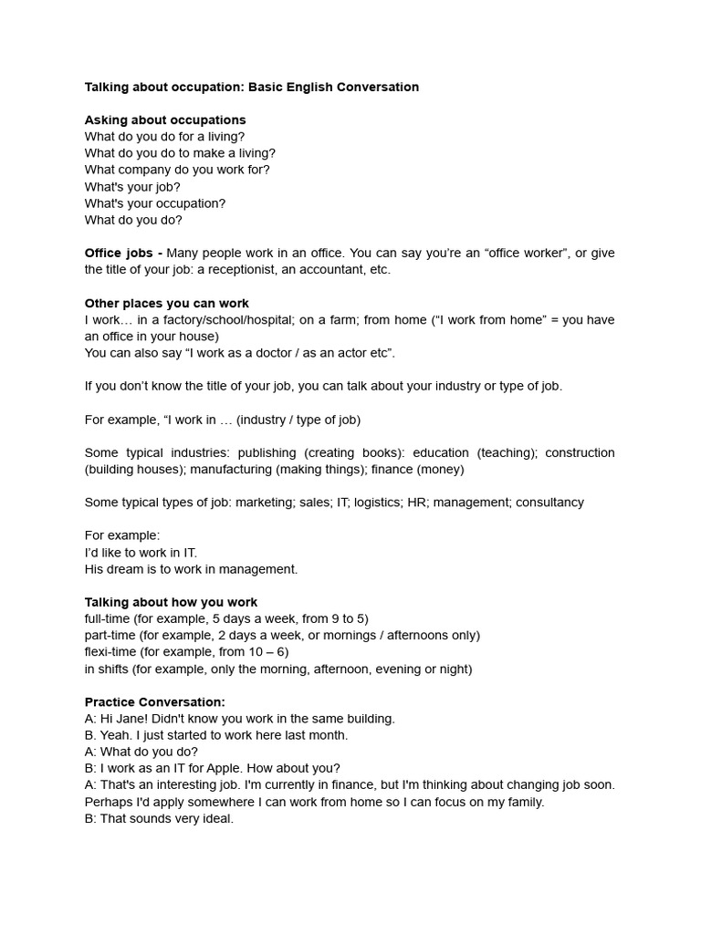 Talking About Occupation - Basic English Conversation | PDF