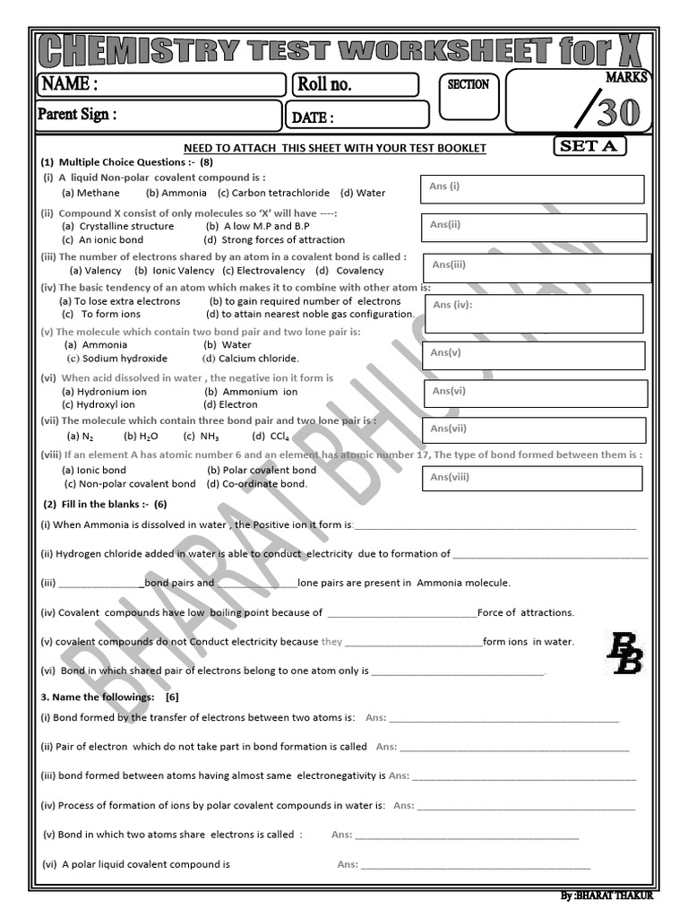 Test Worksheet Chemical Bonding Set A and B S | Download Free PDF ...