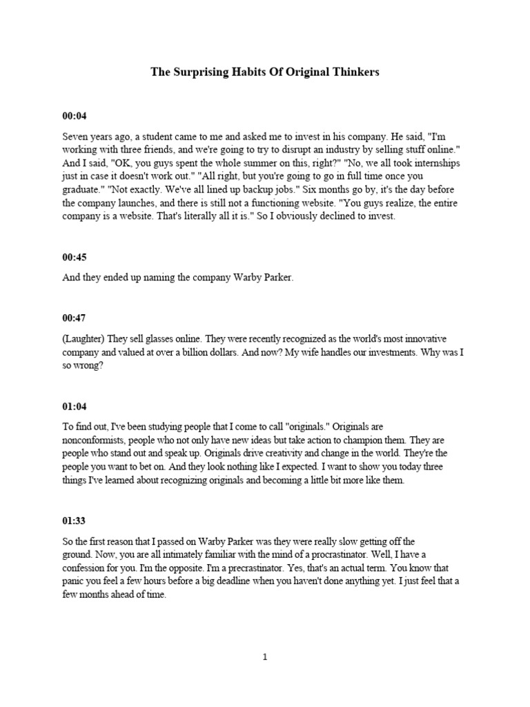 The Surprising Habits Of Original Thinkers | PDF | Procrastination | Professional Skills