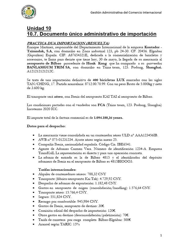 UD10 - DUA de Importación | PDF | aduana | El comercio internacional
