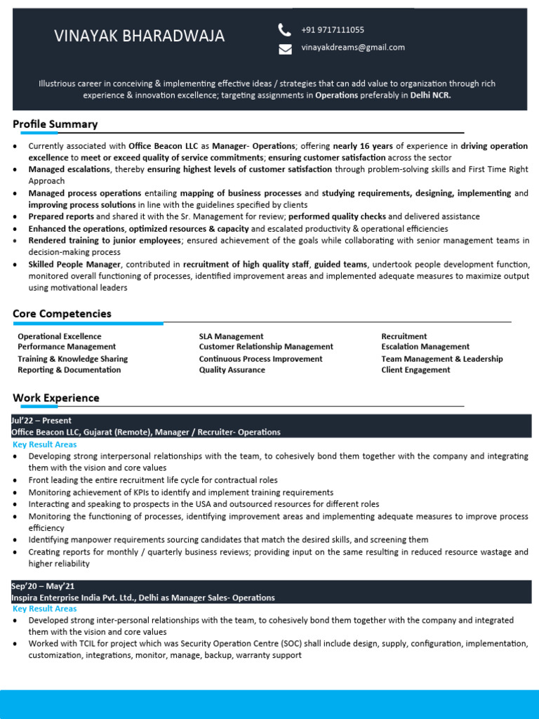 Vinayak Bharadwaja Resume CustCopy2 | PDF | Leadership | Recruitment