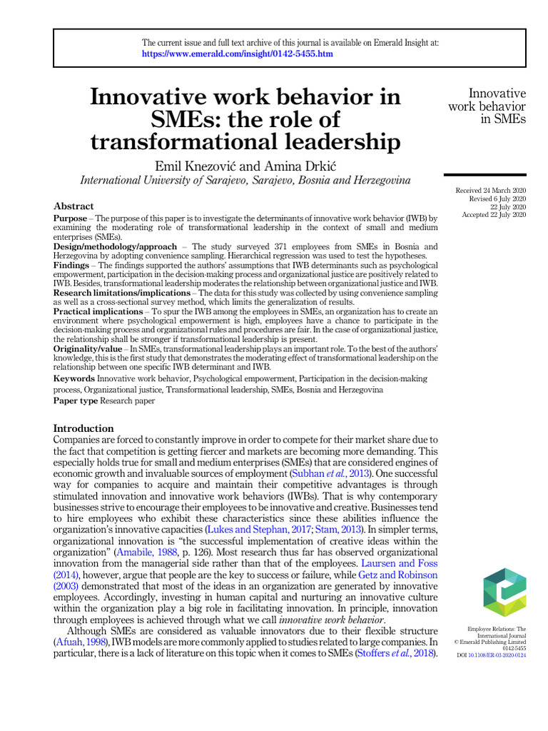 Innovative Work Behavior in Smes: The Role of Transformational Leadership | Download Free PDF ...