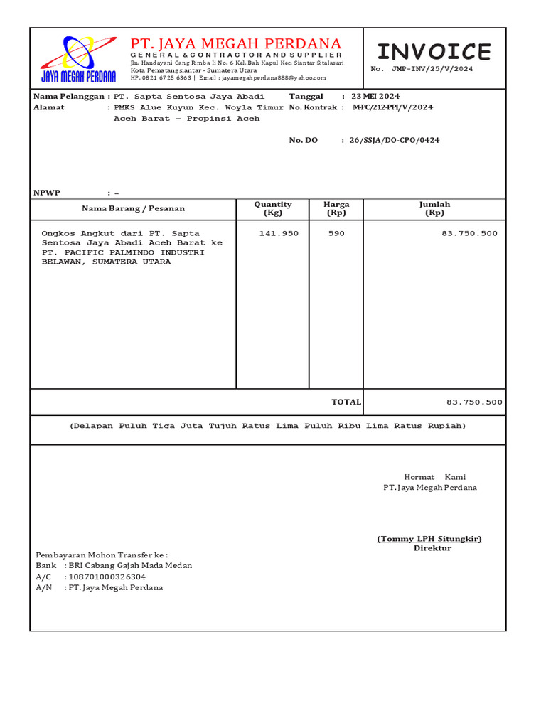 INVOICE CPO NO 25 - Mei-212 DO 26 PPI 300 Ton | PDF