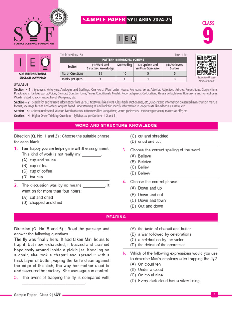 Ieo Sample Paper Class-9 | PDF | Word | Verb