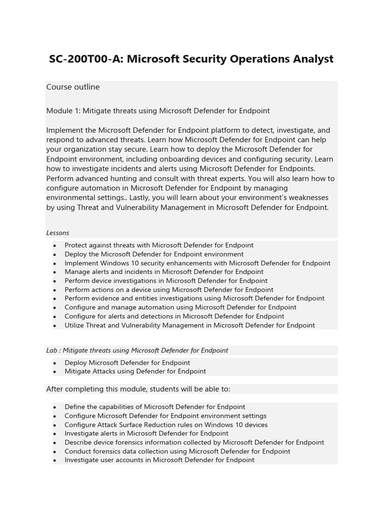 SC-200T00-A: Microsoft Security Operations Analyst: Course Outline ...