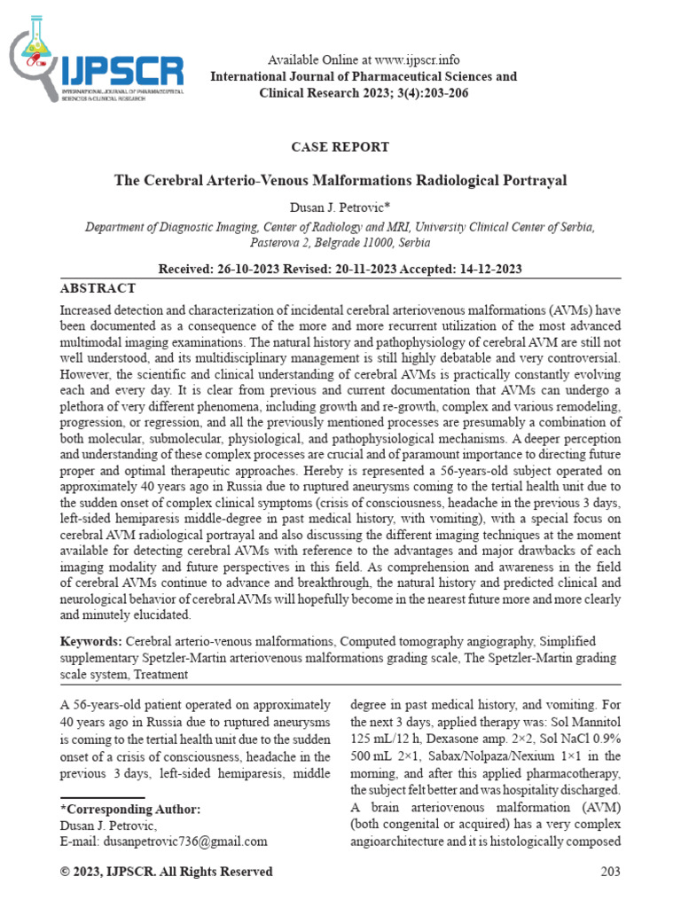 The Cerebral Arterio Venous Malformations Radiological Portrayal Pdf