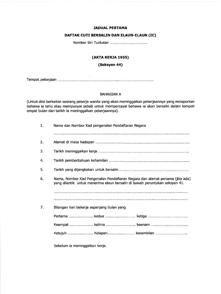 Borang-Daftar-Bersalin (SEKSYEN 44 AKTA KERJA 1955) | PDF