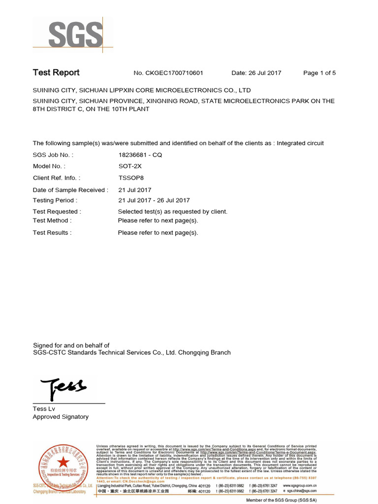 Test Report: Signed For and On Behalf of SGS-CSTC Standards Technical ...