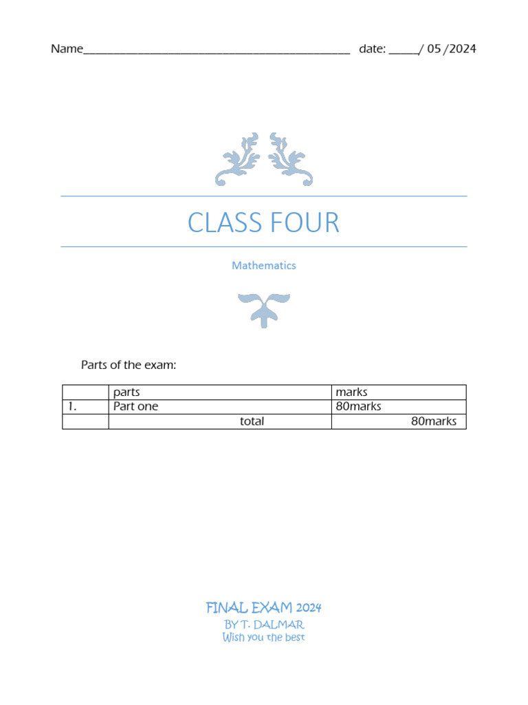 Class Four Mathematics Final Exam 2024 | PDF | Mathematics | Arithmetic