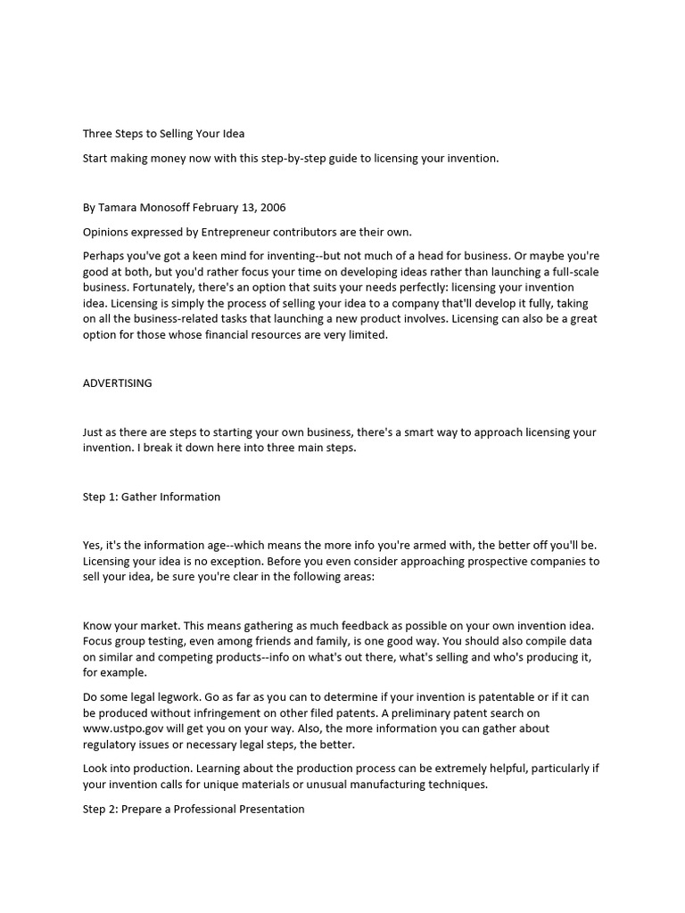Three Steps To Selling Your Idea | PDF | Royalty Payment | Patent