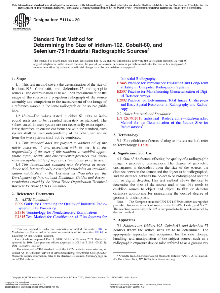 ASTM E 1114 2020 - Determining the Size of Iridium-192, Cobalt-60, and Selenium-75 Industrial ...