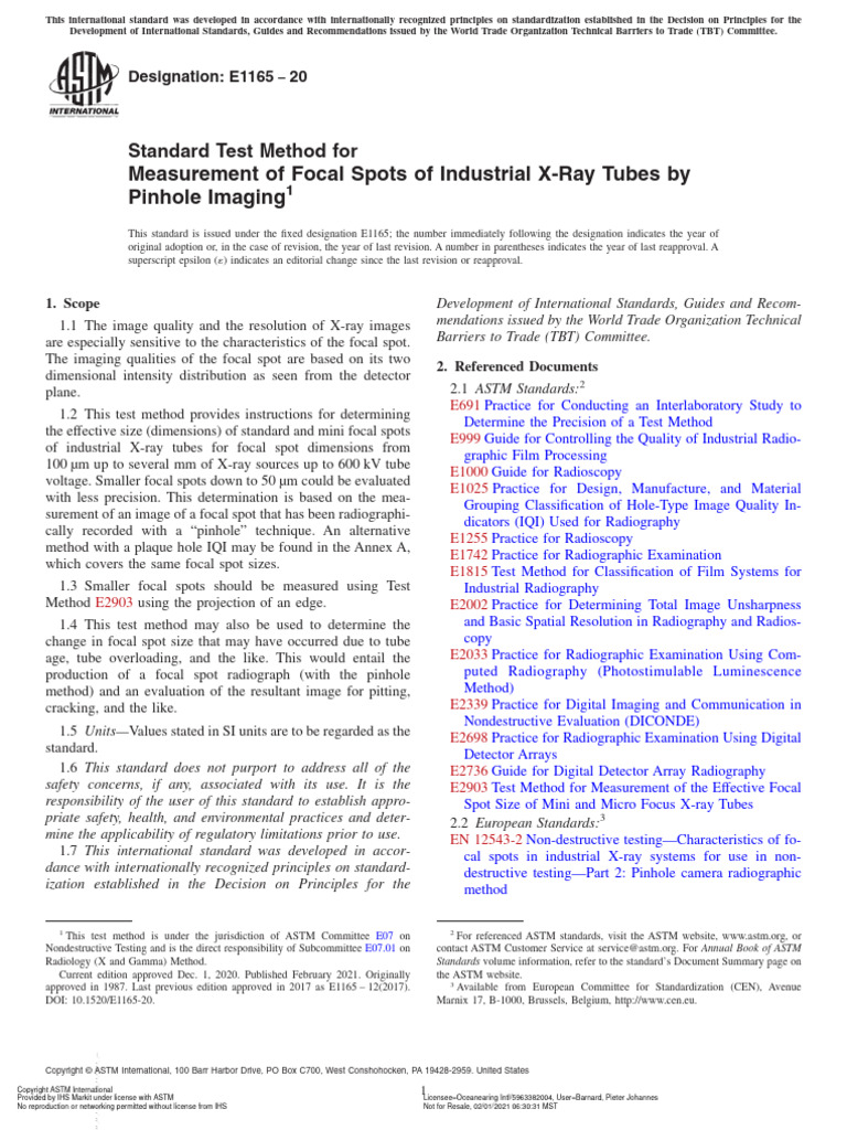 ASTM E 1165 2020 - Measurement of Focal Spots of Industrial X-Ray Tubes by Pinhole Imaging | PDF ...