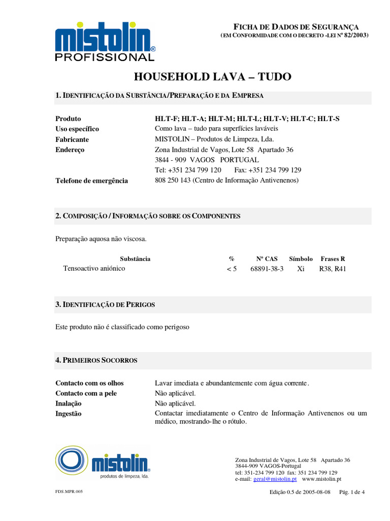 Ficha Técnica MISTOLIN | Download grátis PDF | Embalagem e rotulagem