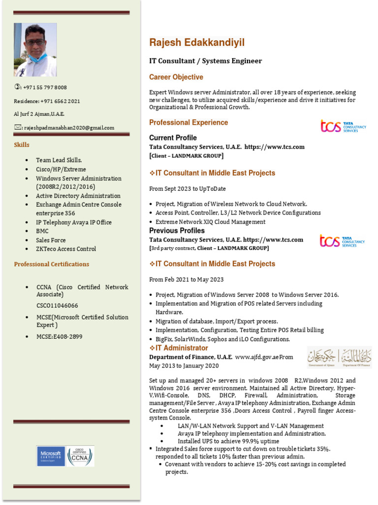 Rajesh CV 29-APR-2024.Docx (2) 1 | PDF | Computer Network | Cisco Certifications