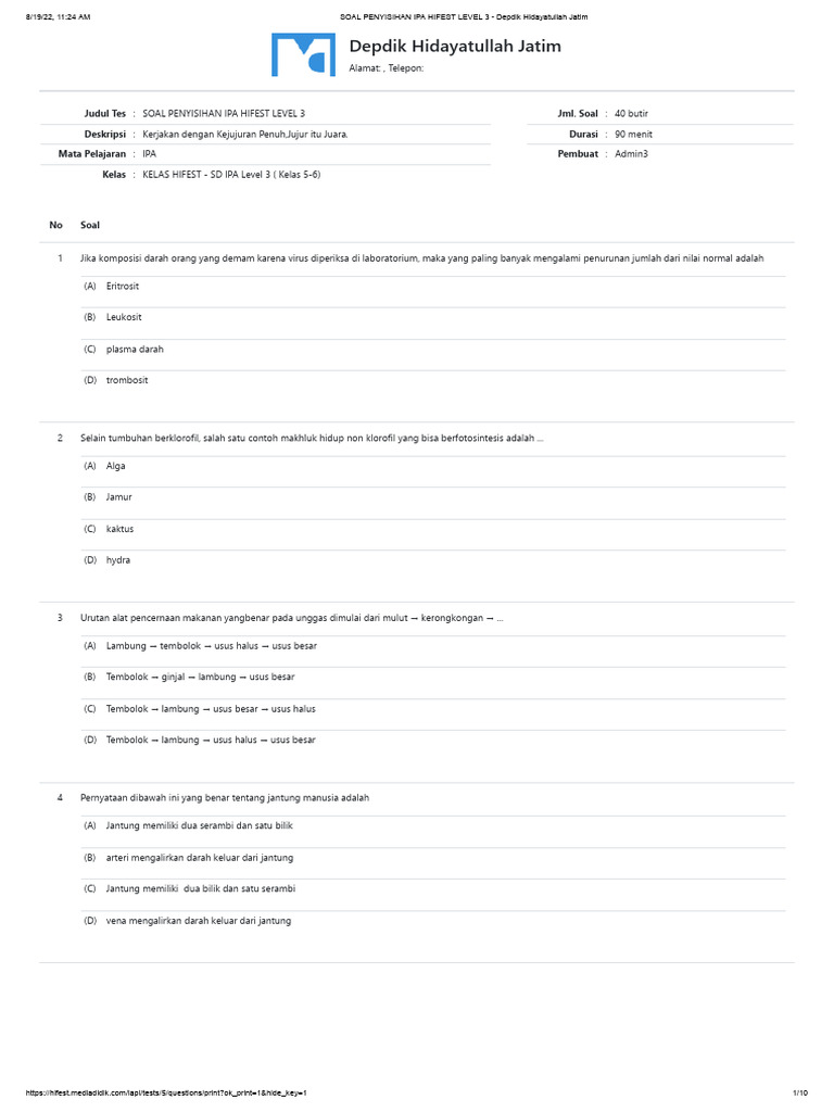 2021 SOAL PENYISIHAN IPA HIFEST LEVEL 3 (Kelas 5-6) | PDF | Sains & Matematika