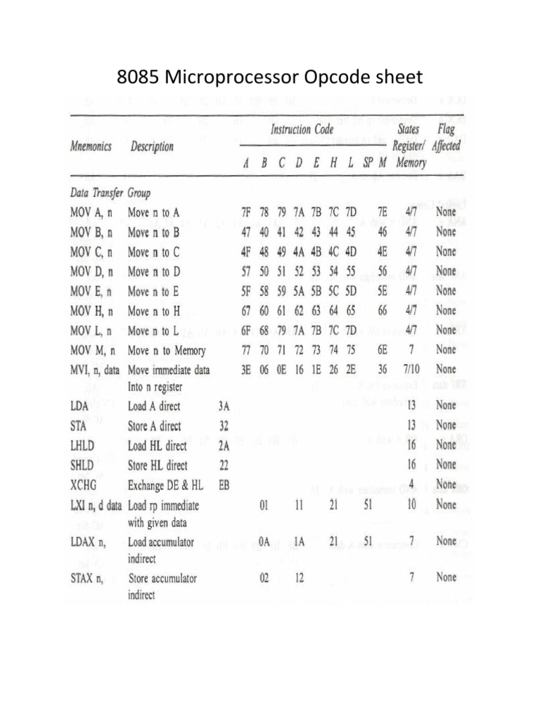 8085 Opcode Sheet | PDF
