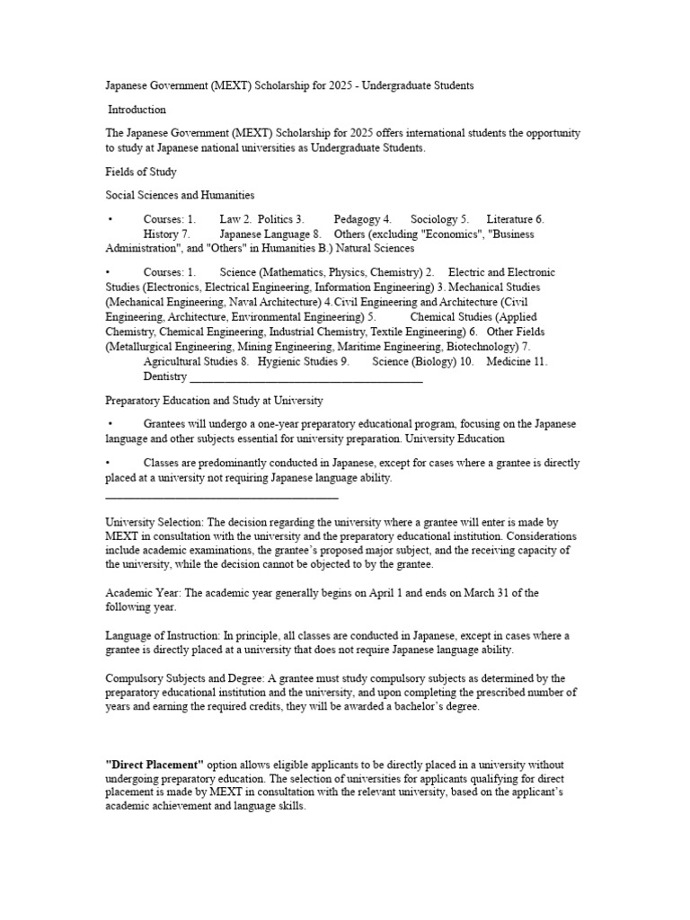 MEXT 2025 Scholarship for Undergrads | PDF | Engineering | Science