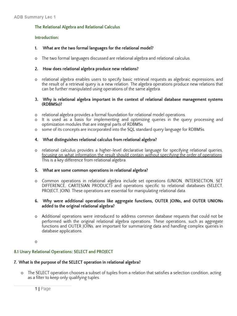 ADB_lec1_summary | PDF | Relational Model | Relational Database