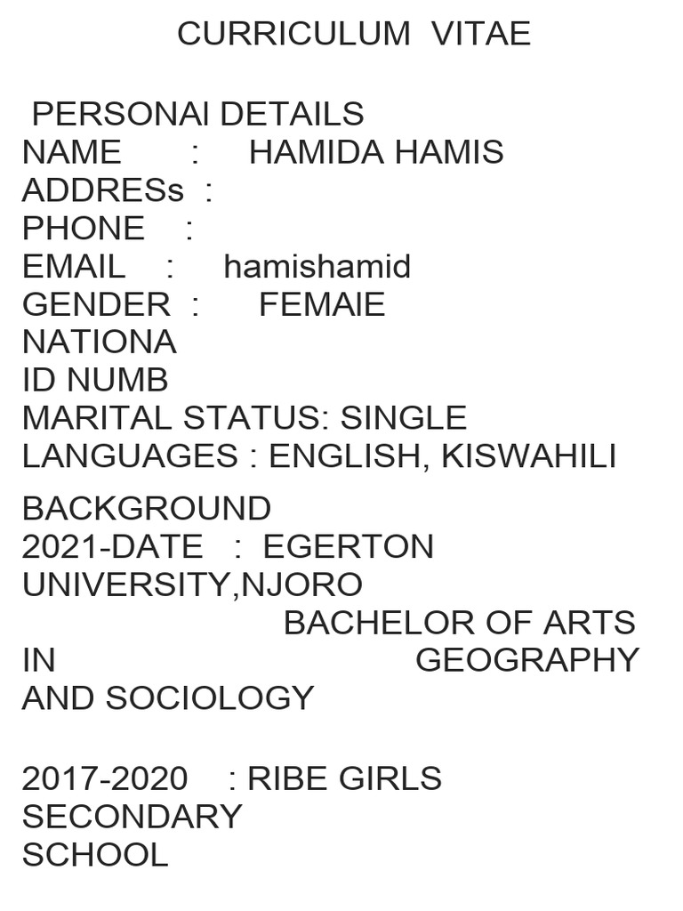 Hamida Hamis CV - Geography Student | PDF | History