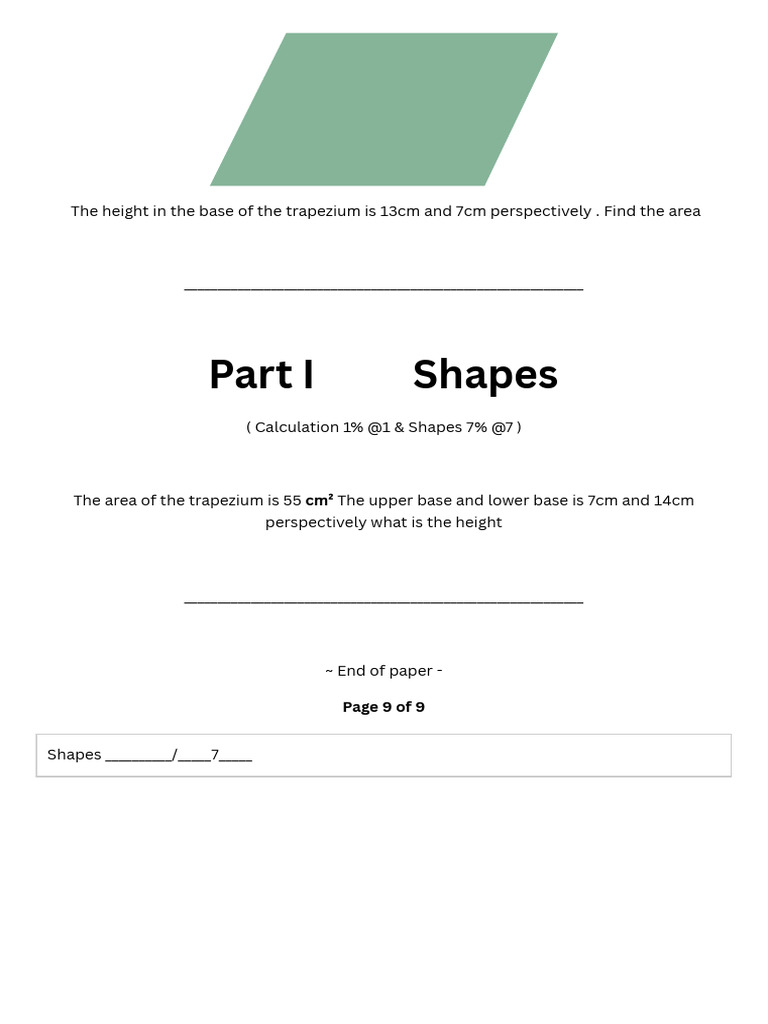 The Height in The Base of The Trapezium Is 13 CM and 7CM Perspectively ...