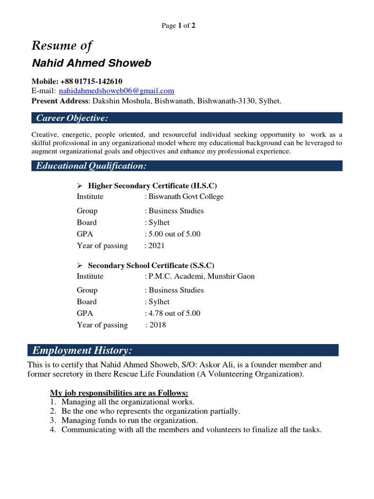 Resume of Nahid Ahmed Showeb | PDF | Learning | Cognition