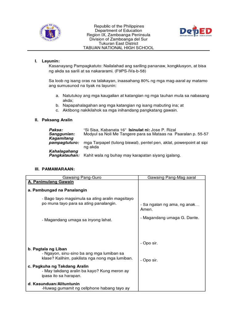 Masusing Banghay Aralin Sa Filipino 9 - Si Sisa | PDF