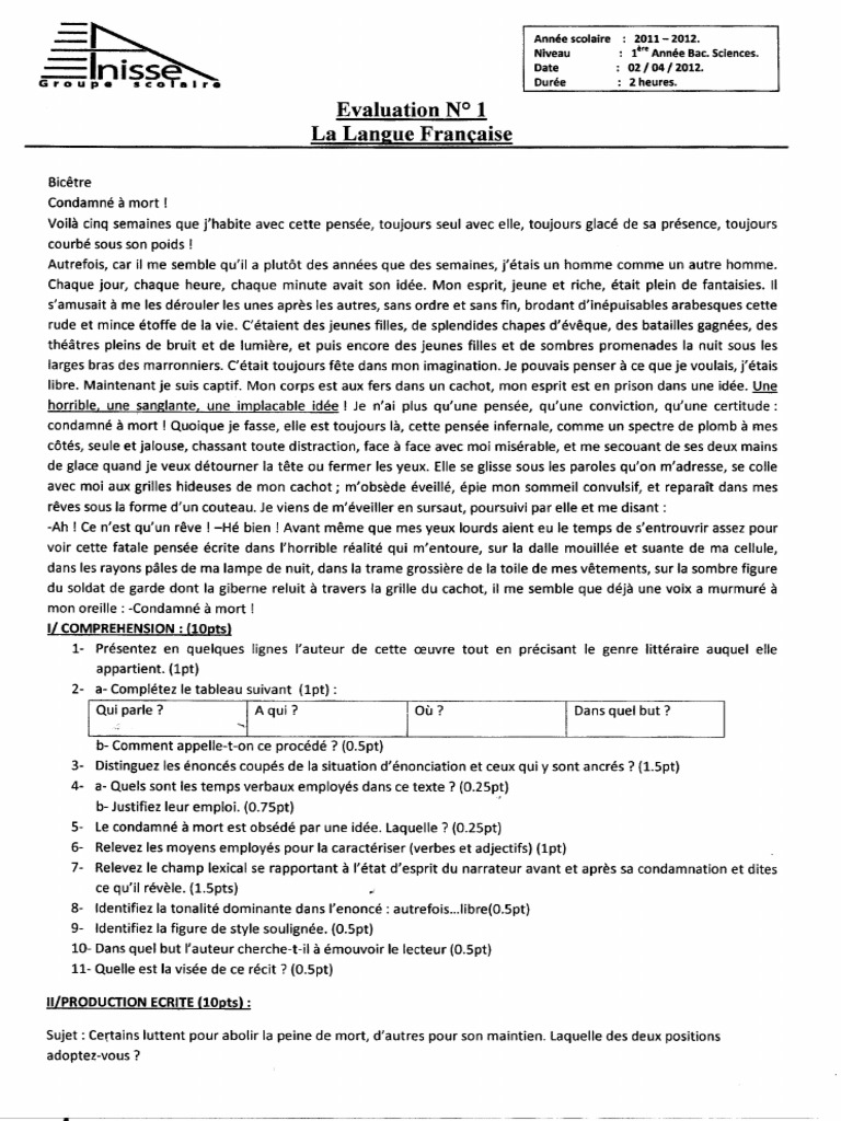 Devoir 1 Modele 8 Francais 1er Bac Semestre 2 | PDF