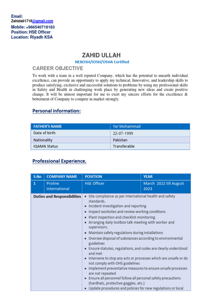 Zahid ULLAH (Resume) | PDF | Occupational Safety And Health | Safety