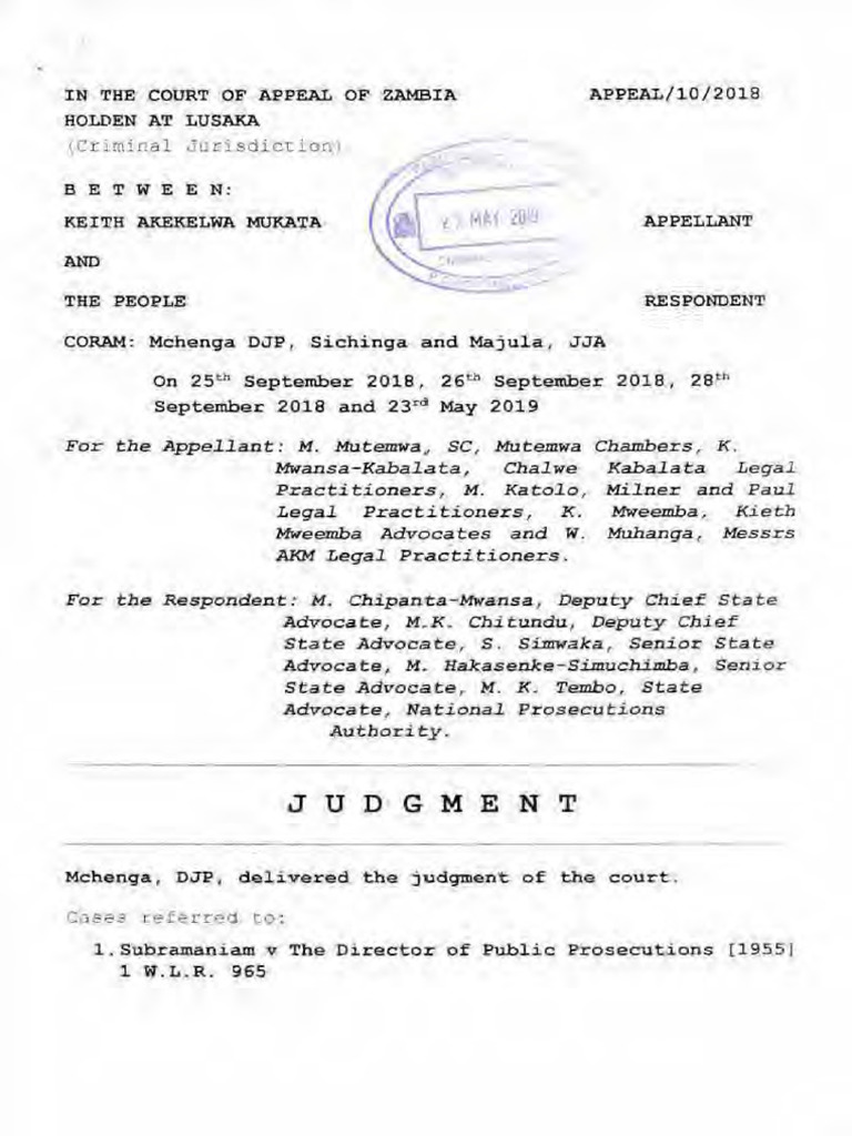 Keith Akekelwa Mukata V The People (10 of 2018) 2019 ZMCA 63 (27 May ...