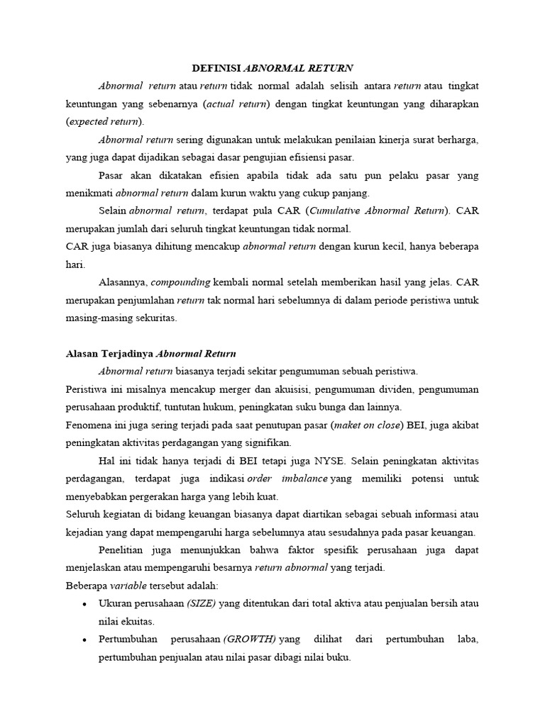 Definisi dan Perhitungan Abnormal Return | PDF