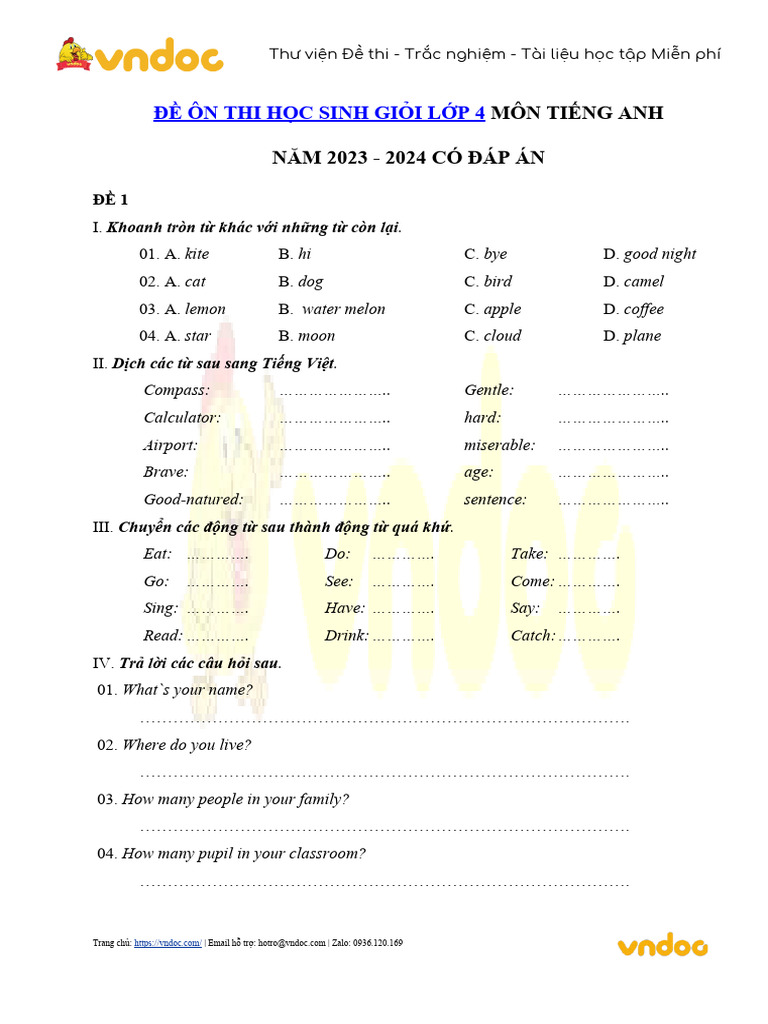 Bo de Thi Hoc Sinh Gioi Tieng Anh Lop 4 Nam 2024 | PDF